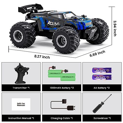 Tecnock RC Cars for Boys 8-12, 1:18 Scale 25 KM/H Fast Remote Control Car for Adults, 2.4GHz 2WD Off Road Monster Truck with 2 Rechargeable Batteries & LED Lights, Toys Gifts for Kids