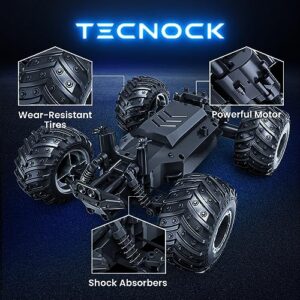 Tecnock RC Cars for Boys 8-12, 1:18 Scale 25 KM/H Fast Remote Control Car for Adults, 2.4GHz 2WD Off Road Monster Truck with 2 Rechargeable Batteries & LED Lights, Toys Gifts for Kids