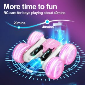 TRIPLEFINE Remote Control Car for Girls, LED Fast Stunt RC Car, 2.4GHz RC Cars, 4WD Double Side 360° Rotating Car Toys for 6 7 8 9 10 11 12 Girls Birthday(pink)