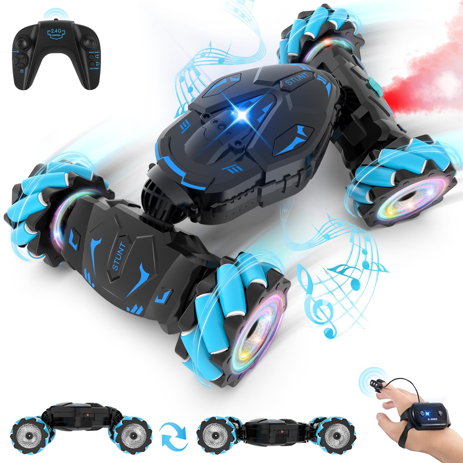 Pristar RC Cars Gesture Sensing Stunt Car, Best Gifts for Boys 6-12, 2.4Ghz Remote Control Car Toys for Boys Age 6 7 8 9 10 11 12, Double Sided Flip 360° Rotate 4WD Off-Road with Spray Lights Music