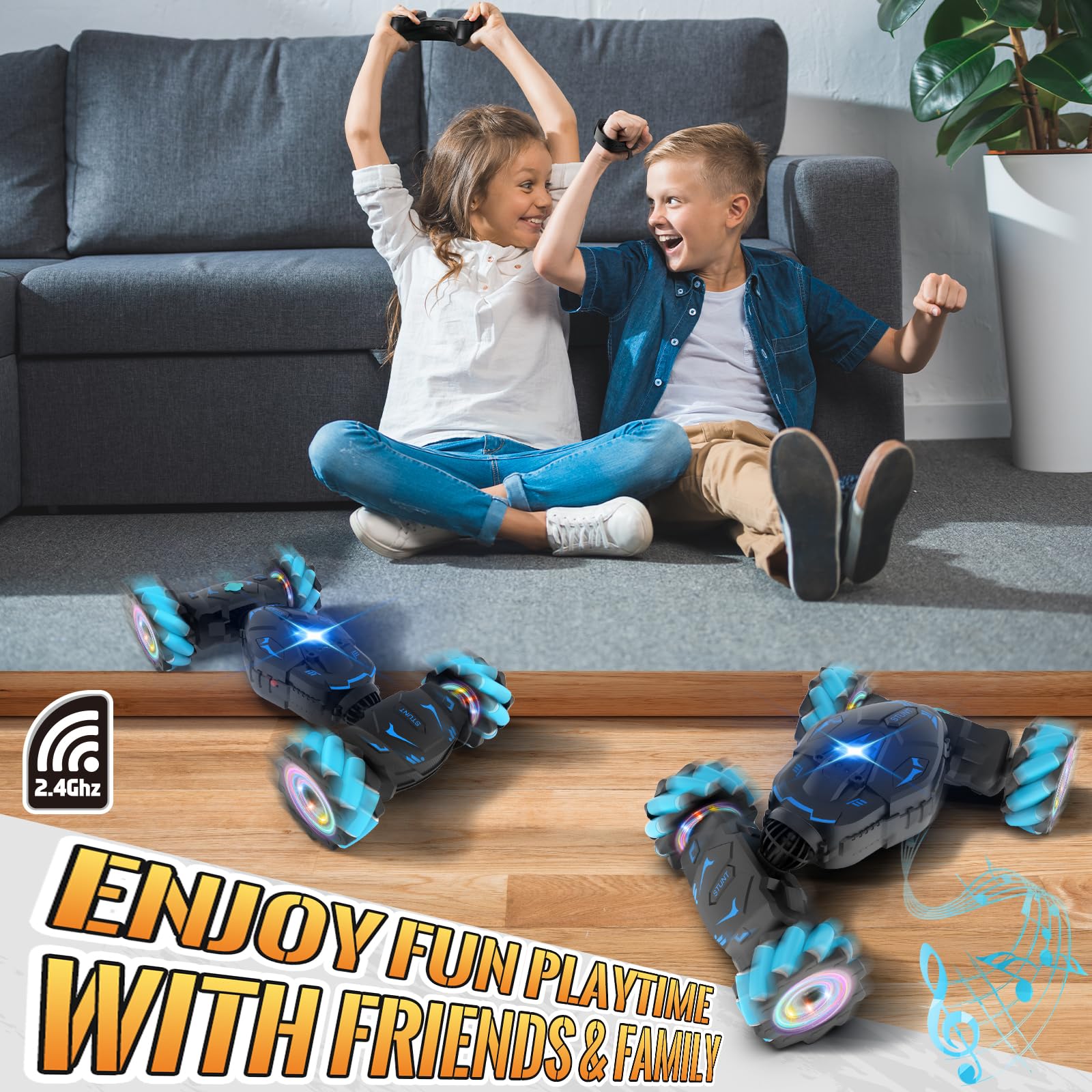 Pristar RC Cars Gesture Sensing Stunt Car, Best Gifts for Boys 6-12, 2.4Ghz Remote Control Car Toys for Boys Age 6 7 8 9 10 11 12, Double Sided Flip 360° Rotate 4WD Off-Road with Spray Lights Music