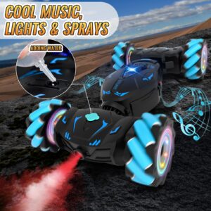 Pristar RC Cars Gesture Sensing Stunt Car, Best Gifts for Boys 6-12, 2.4Ghz Remote Control Car Toys for Boys Age 6 7 8 9 10 11 12, Double Sided Flip 360° Rotate 4WD Off-Road with Spray Lights Music