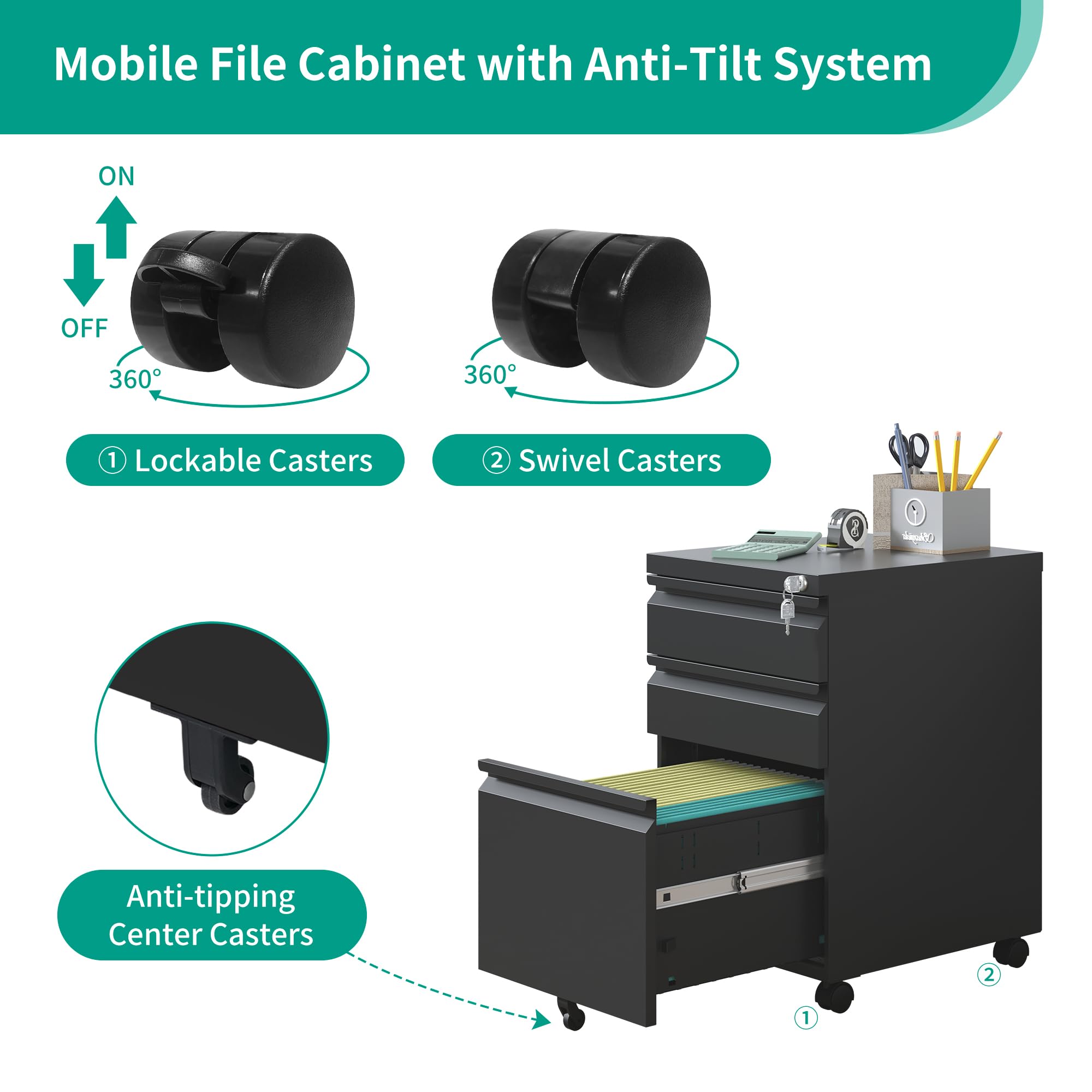 VIYET 3 Drawers Mobile File Cabinet, Rolling File Cabinet Fully Assembled Under Desk, Metal Filing Cabinet with Lock for Home Office Organizer Letters/Legal/A4 (Black)