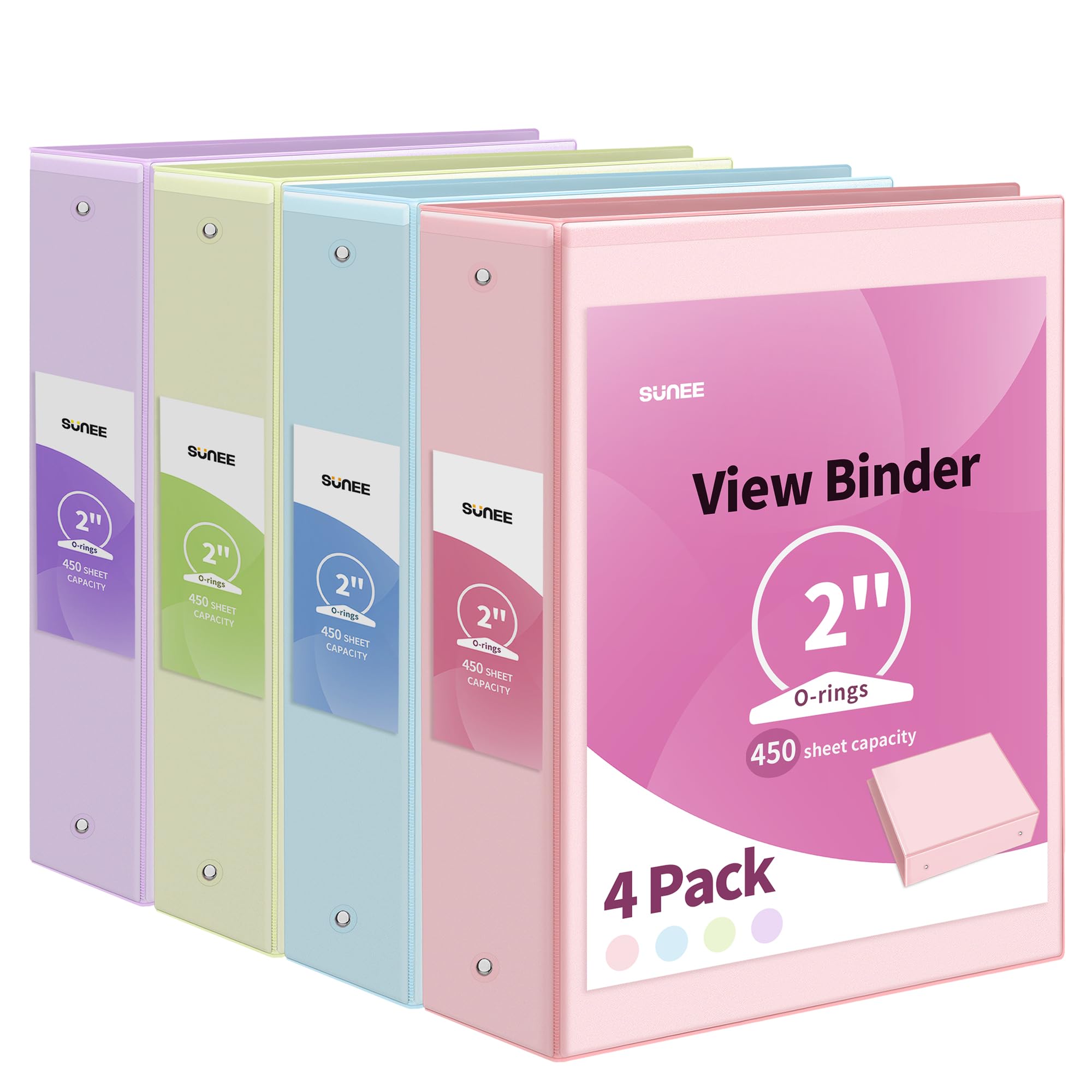 SUNEE 3 Ring Binder 2 Inch 4 pack, 2" Clear View Binder Three Ring PVC-Free (Fit 8.5x11 Inches) for School Binder or Office Binder Supplies, Assorted Pastel Binder