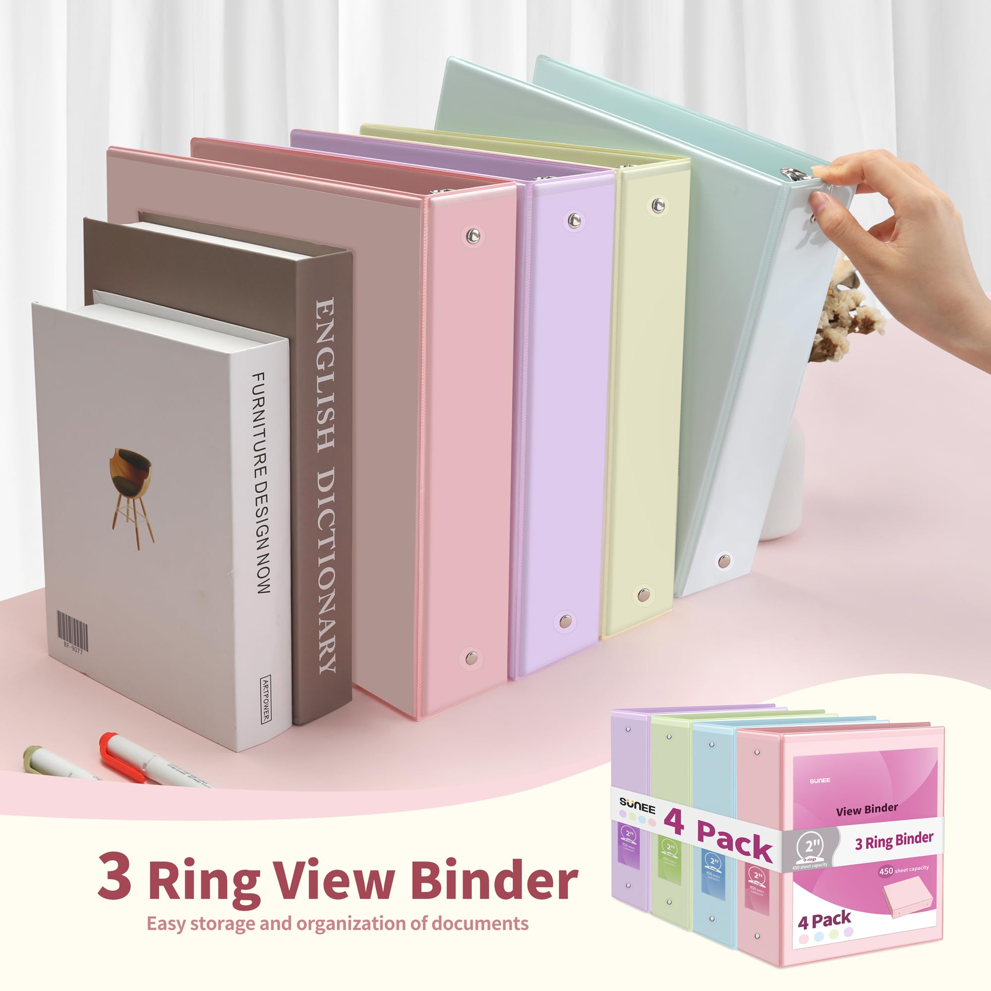 SUNEE 3 Ring Binder 2 Inch 4 pack, 2" Clear View Binder Three Ring PVC-Free (Fit 8.5x11 Inches) for School Binder or Office Binder Supplies, Assorted Pastel Binder