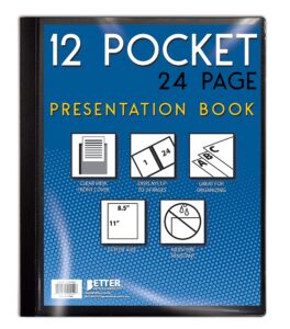 better office products 12 pocket bound presentation book, black with clear view front cover, 24 sheet protector pages, 8.5" x 11" sheets, art portfolio, durable poly covers, letter size, black