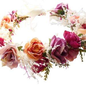 Vivivalue Rose Flower Crown Boho Flower Headband Hair Wreath Floral Headpiece Halo with Ribbon Wedding Party Festival Photos Pink