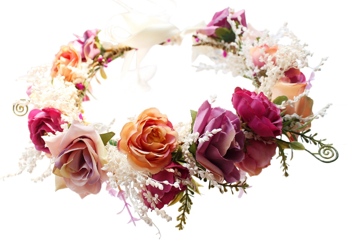 Vivivalue Rose Flower Crown Boho Flower Headband Hair Wreath Floral Headpiece Halo with Ribbon Wedding Party Festival Photos Pink