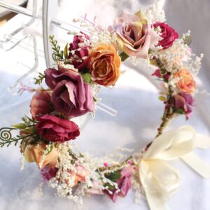 Vivivalue Rose Flower Crown Boho Flower Headband Hair Wreath Floral Headpiece Halo with Ribbon Wedding Party Festival Photos Pink