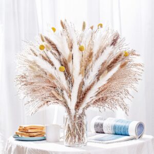 100PCS Natural Dried Pampas Grass Decor - 17.5" Fluffy Pampas Grass Bouquet - Boho Home Decor Dried Flowers for Wedding Floral Room Home Party Table Decorations