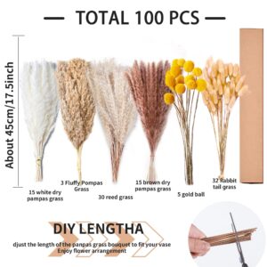 100PCS Natural Dried Pampas Grass Decor - 17.5" Fluffy Pampas Grass Bouquet - Boho Home Decor Dried Flowers for Wedding Floral Room Home Party Table Decorations