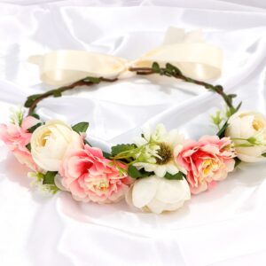 Chanaco Flower Crown Flower Crowns for women Flower Crown for Girls Pink Floral Crown for Wedding Flower Headband for Baby Shower Flower Girl Headpiece Boho Flower Headbands for Women