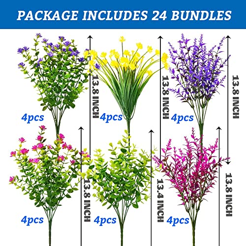 YIBUKIY 24 Bundles Artificial Fake Flowers Outdoor, 6 Styles UV Resistant No Fade Faux Plastic Greenery Shrubs Plants for Hanging Garden Porch Window Box Farmhouse Outside Decoration