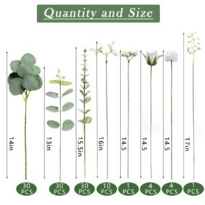 110 Pcs 7 Kinds Mixed Artificial Eucalyptus Stems and Faux Flowers,Fake Silver Dollar Eucalyptus Leaves Stems Bulk Real Touch Leaf Branches for DIY Bouquets Floral Arrangement Wedding Home Decor