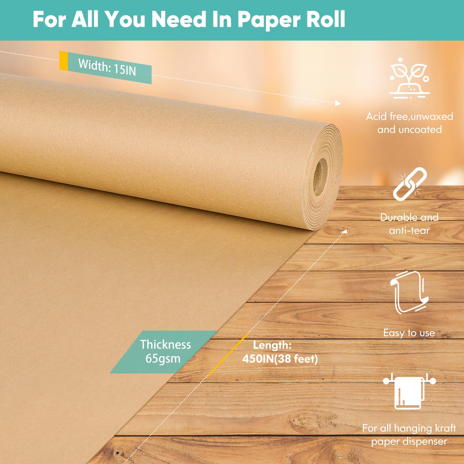 Brown Packing Paper 15"×450"(38'), Brown Paper Roll, Art Craft Paper, Kraft Paper Roll for Moving Boxes Supplies, Gift Wrapping Bouquet Flower Paper, Poster Bulletin Board Paper, Arts and Crafts