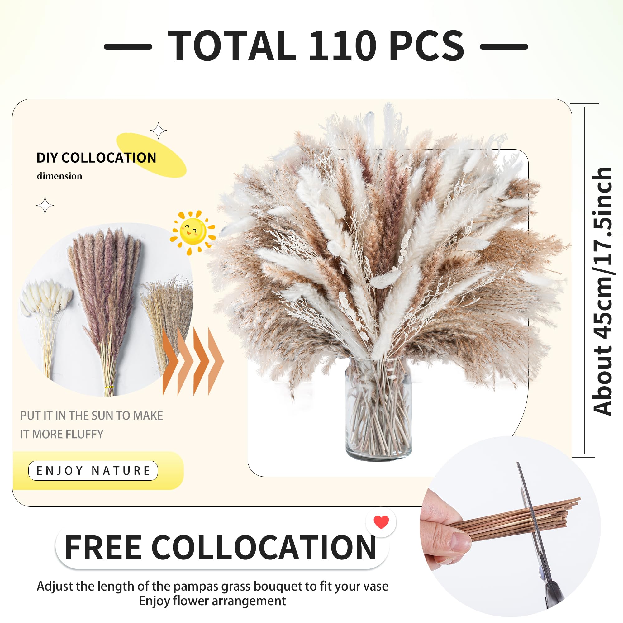 Bnecnet 110Pcs Dried Pampas Grass Decor - 17.5” Natural Pampas Grass Bouquet, Bunny Tails Dried Flowers & Reed Grass Bouquet for Wedding Boho Flowers Home Table Decor, Rustic Farmhouse Party