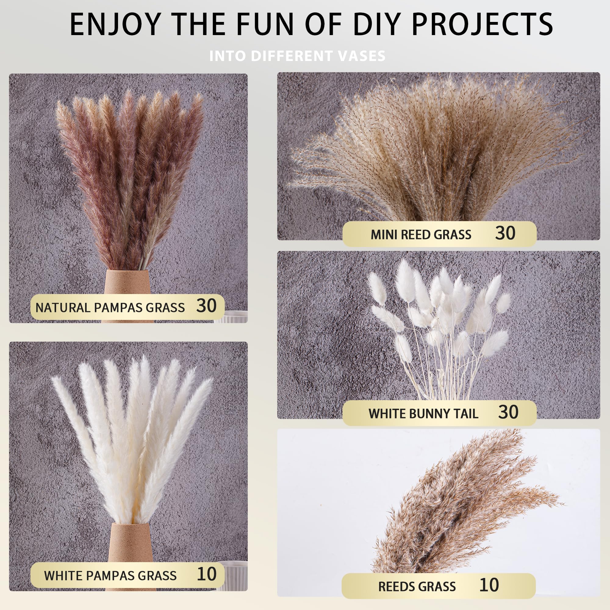 Bnecnet 110Pcs Dried Pampas Grass Decor - 17.5” Natural Pampas Grass Bouquet, Bunny Tails Dried Flowers & Reed Grass Bouquet for Wedding Boho Flowers Home Table Decor, Rustic Farmhouse Party