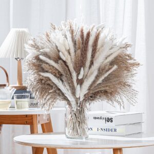 Bnecnet 110Pcs Dried Pampas Grass Decor - 17.5” Natural Pampas Grass Bouquet, Bunny Tails Dried Flowers & Reed Grass Bouquet for Wedding Boho Flowers Home Table Decor, Rustic Farmhouse Party