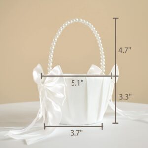 ATAILOVE Wedding Flower Girl Basket with Cute Pearl Handle Bowknot Satin Flower Baskets for Wedding Ceremony - Ivory