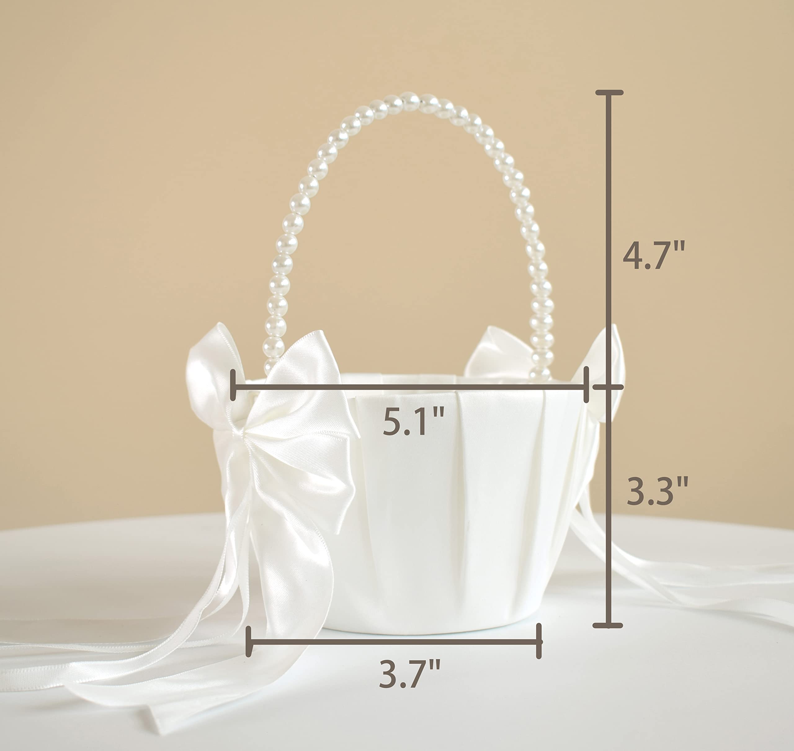 ATAILOVE Wedding Flower Girl Basket with Cute Pearl Handle Bowknot Satin Flower Baskets for Wedding Ceremony - Ivory