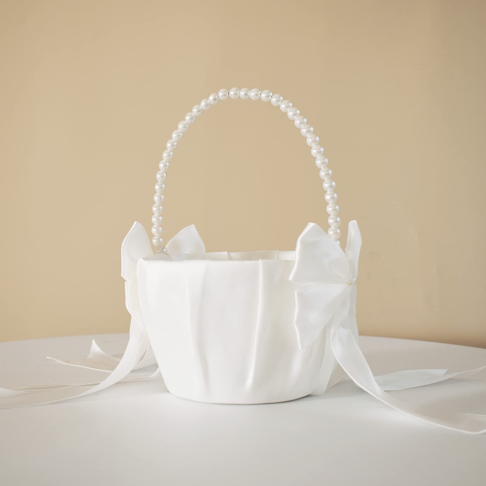 ATAILOVE Wedding Flower Girl Basket with Cute Pearl Handle Bowknot Satin Flower Baskets for Wedding Ceremony - Ivory