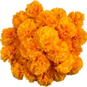 gusaloo big marigold flower heads bulk 30pcs silk mexican marigold artificial flowers for diwali home decor diy wreath garland dia de los muertos day of the dead decoration halloween decor (orange)