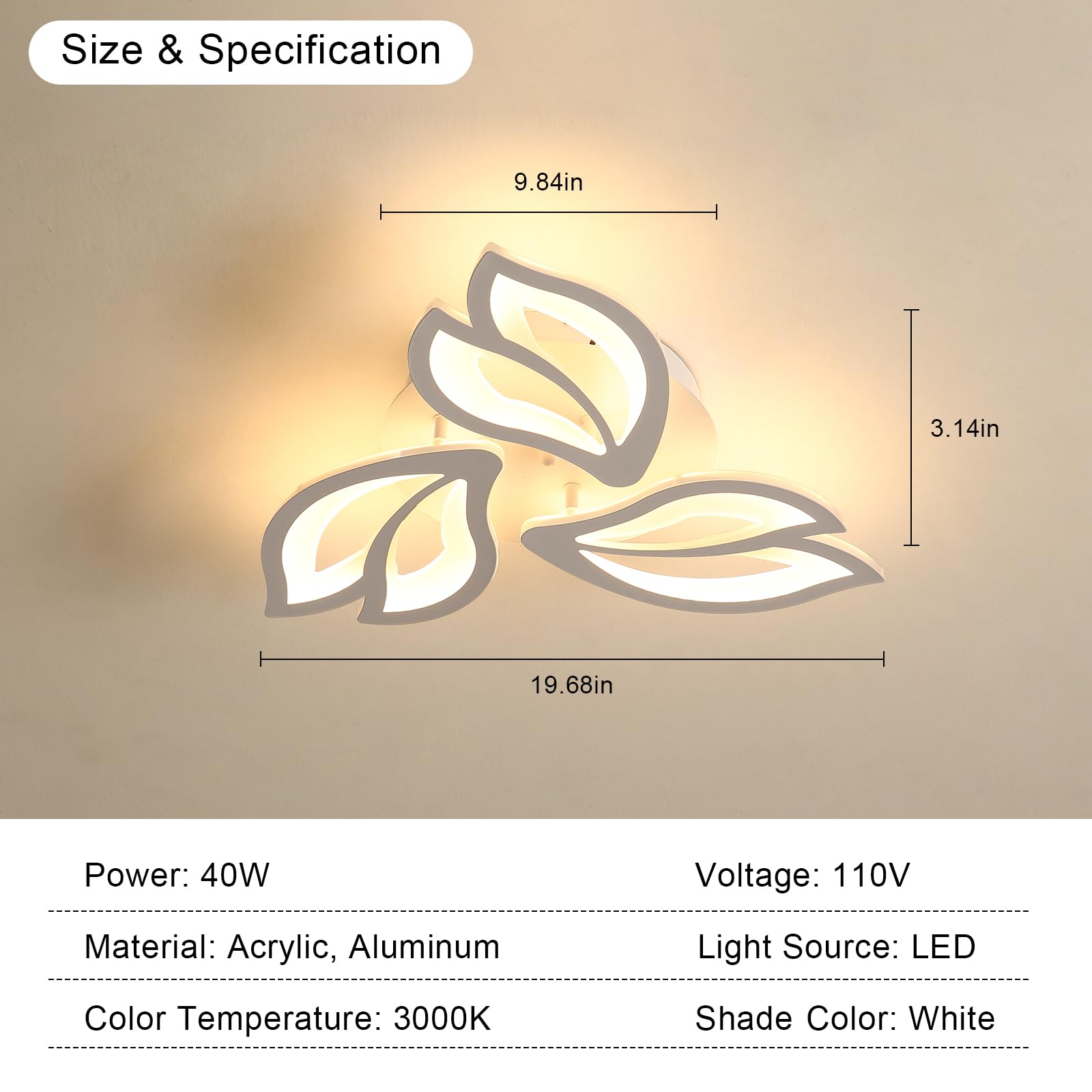 Goeco LED Ceiling Light, Acrylic Modern Ceiling Light, 3 Heads White Flower Flush Mount Ceiling Light Fixture 3000K Warm Light for Bedroom, Kitchen, Living Room, Dining Room