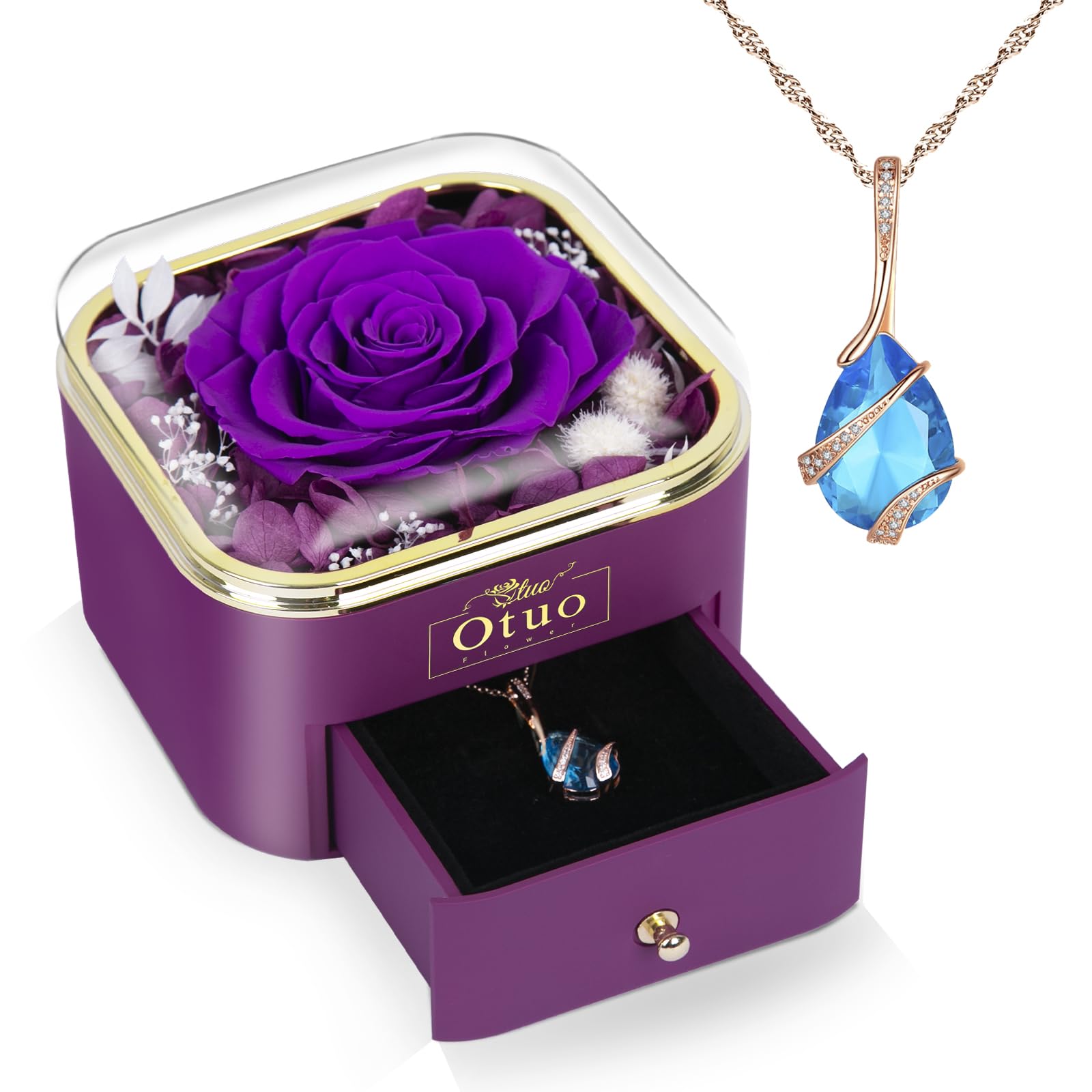 Otuo Preserved Roses Gift Jewerlry Box, Real Eternal Rose Flower with Necklace, Gifts for Girlfriend, Mom, Women, Wife, Birthday and Valentine's Day (Purple)