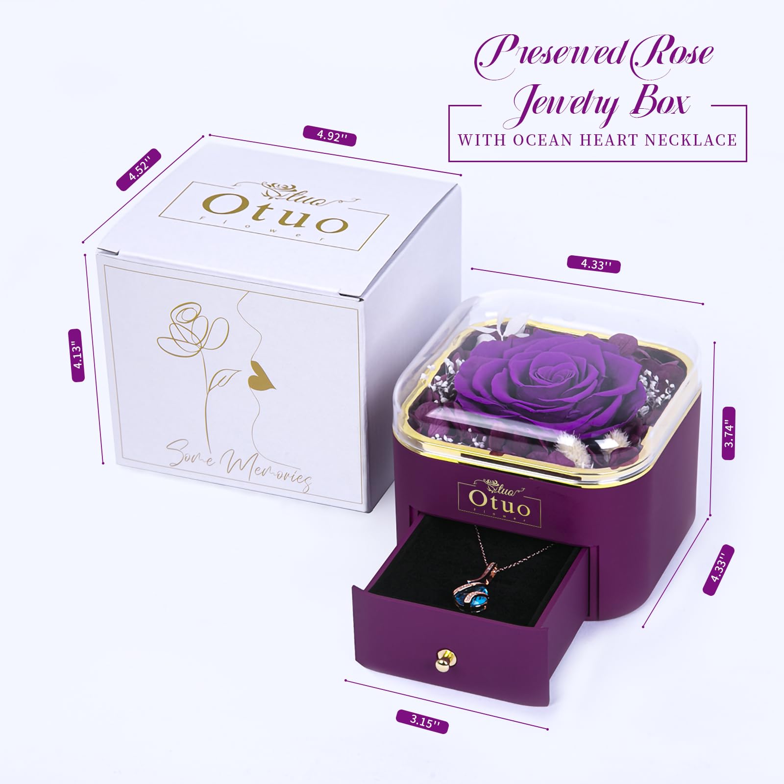 Otuo Preserved Roses Gift Jewerlry Box, Real Eternal Rose Flower with Necklace, Gifts for Girlfriend, Mom, Women, Wife, Birthday and Valentine's Day (Purple)