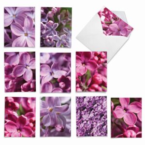 the best card company - 10 blank note cards with flowers (4 x 5.12 inch) - floral notecards, all occasion boxed assortment - the color purple m6032