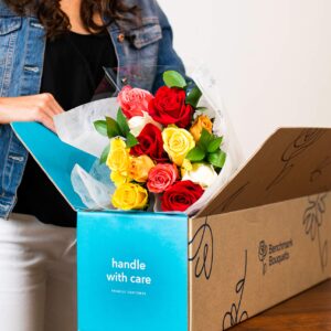 BENCHMARK BOUQUETS - 12 Stem Rainbow Roses (Glass Vase Included), Next-Day Delivery, Gift Fresh Flowers for Birthday, Anniversary, Get Well, Sympathy, Graduation, Congratulations, Thank You