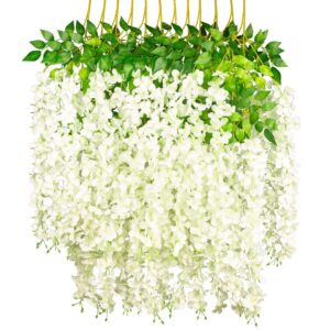 gpark 12 pack /45 inch /3.7ft wisteria hanging artificial flowers fake bushy silk vine garland string for wedding party garden greenery home wall deco milk white