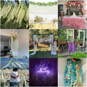 GPARK 12 Pack /45 inch /3.7ft Wisteria Hanging Artificial Flowers Fake Bushy Silk Vine Garland String for Wedding Party Garden Greenery Home Wall Deco Milk White