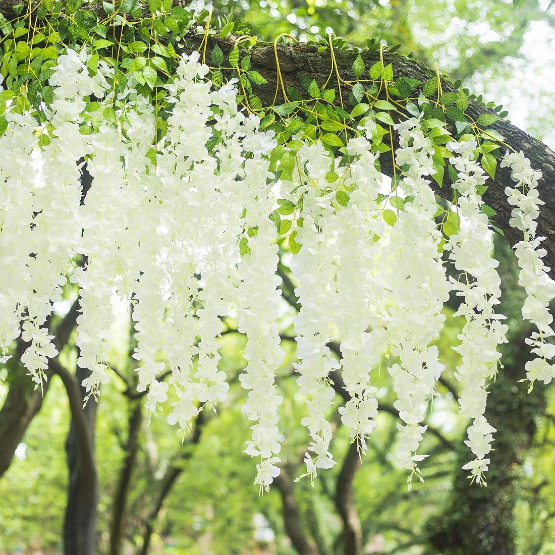 GPARK 12 Pack /45 inch /3.7ft Wisteria Hanging Artificial Flowers Fake Bushy Silk Vine Garland String for Wedding Party Garden Greenery Home Wall Deco Milk White