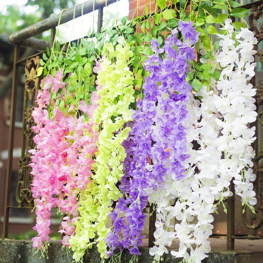 GPARK 12 Pack /45 inch /3.7ft Wisteria Hanging Artificial Flowers Fake Bushy Silk Vine Garland String for Wedding Party Garden Greenery Home Wall Deco Milk White