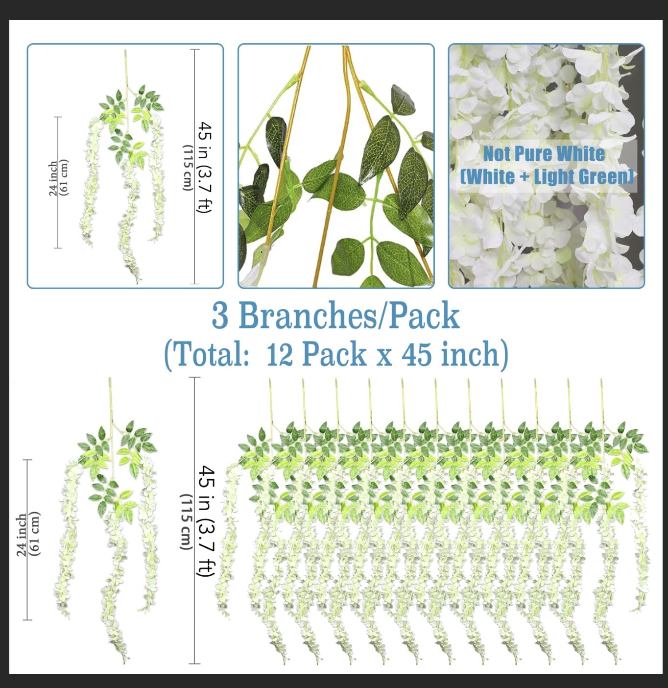 GPARK 12 Pack /45 inch /3.7ft Wisteria Hanging Artificial Flowers Fake Bushy Silk Vine Garland String for Wedding Party Garden Greenery Home Wall Deco Milk White