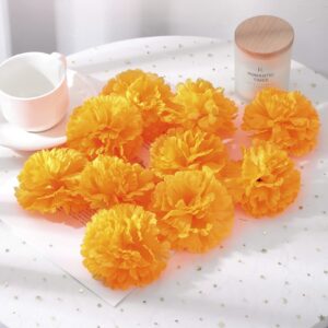 Starryle Marigold Flowers 50Pcs Large Silk Artificial Marigold Flower Heads for Diwali Festival Indian Wedding Party Day of The Dead Dia de Los Muertos ofrenda Altar DIY Decor (Orange, 3.54 inch)