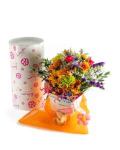 birthday blast fresh cut live flowers arranged in a takeout container with your personal message tucked inside a fortune cookie