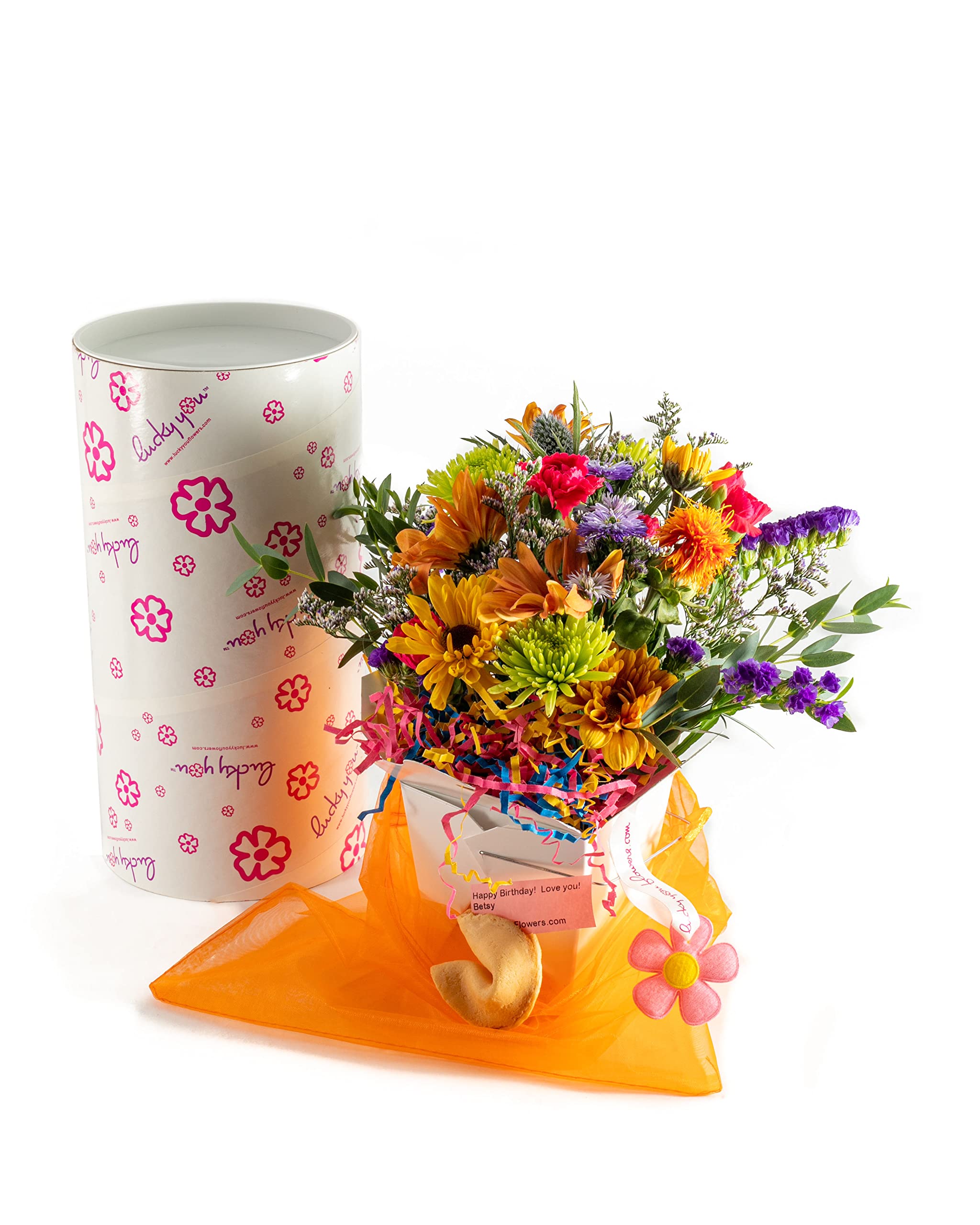 Birthday Blast Fresh Cut Live Flowers Arranged in a Takeout Container with your Personal Message Tucked Inside a Fortune Cookie