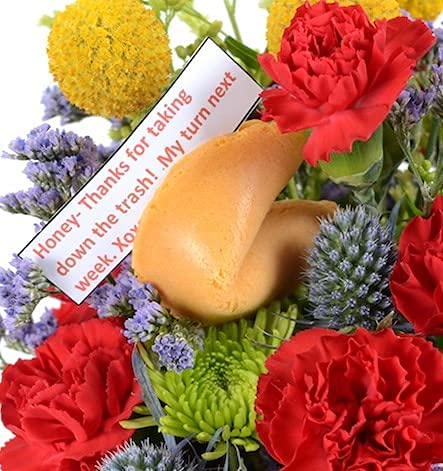 Birthday Blast Fresh Cut Live Flowers Arranged in a Takeout Container with your Personal Message Tucked Inside a Fortune Cookie