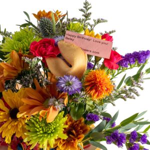 Birthday Blast Fresh Cut Live Flowers Arranged in a Takeout Container with your Personal Message Tucked Inside a Fortune Cookie