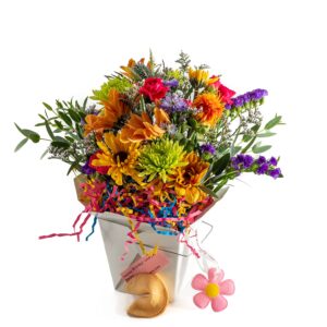 Birthday Blast Fresh Cut Live Flowers Arranged in a Takeout Container with your Personal Message Tucked Inside a Fortune Cookie