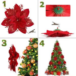 15 PCS Poinsettia Flower Artificial Poinsettia with Clips Christmas Decor Glitter Poinsettia Christmas Ornaments Christmas Tree Flower Decorations with Stems DIY Xmas Wreath Holiday Home Party Decor