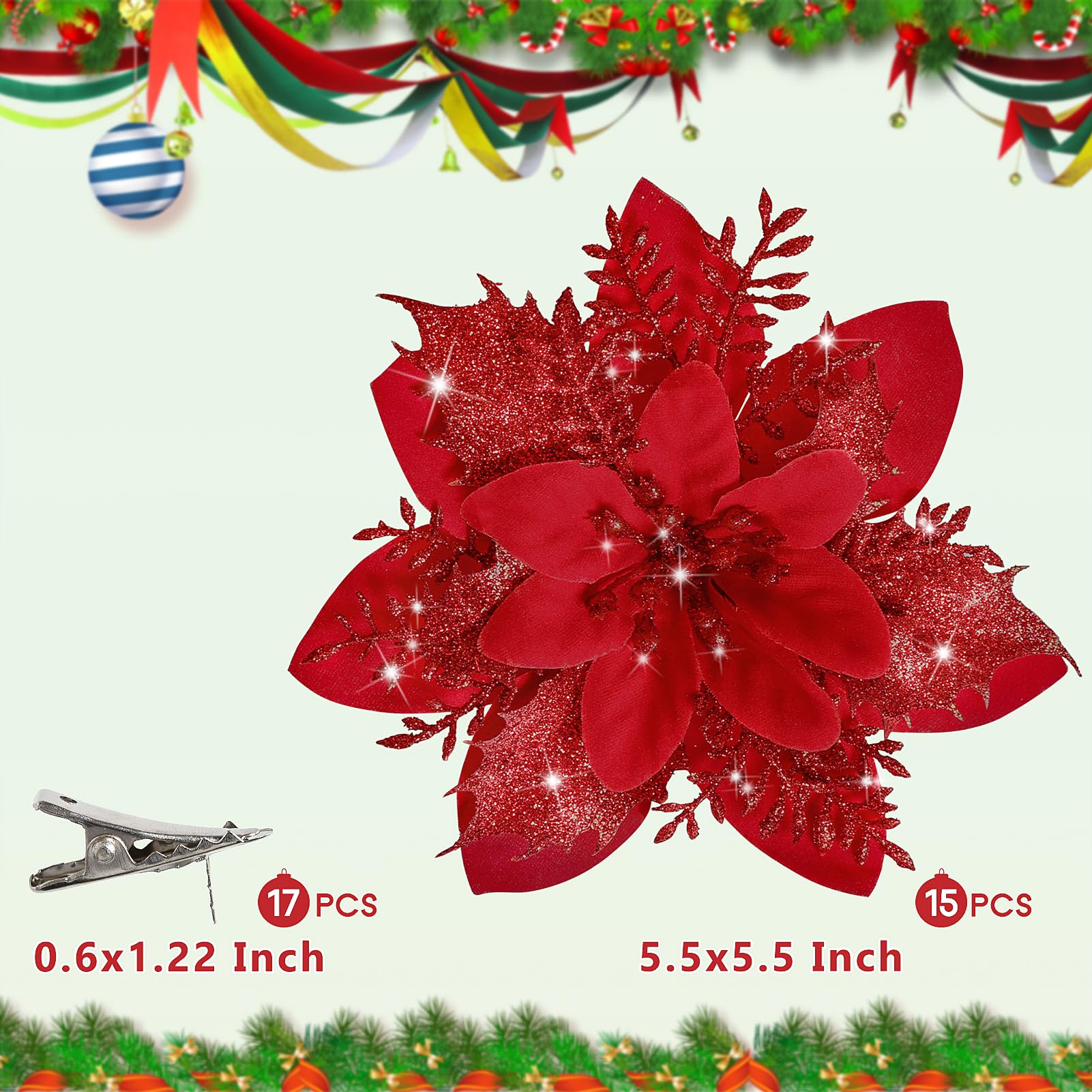 15 PCS Poinsettia Flower Artificial Poinsettia with Clips Christmas Decor Glitter Poinsettia Christmas Ornaments Christmas Tree Flower Decorations with Stems DIY Xmas Wreath Holiday Home Party Decor