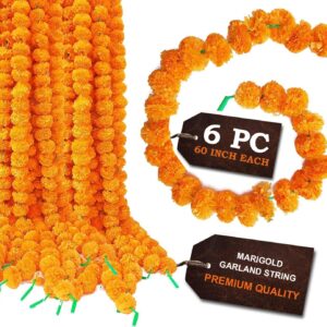 SATVIK 6 PC (5feet/60 inch) Artificial Marigold Flowers Garland for Puja Indian/American Indoor/Outdoor Party Decoration for Diwali, Christmas, Wedding, Halloween, Mantle, Spring Bush Faux Orange