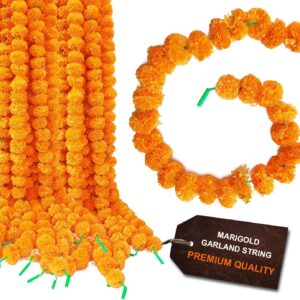 SATVIK 6 PC (5feet/60 inch) Artificial Marigold Flowers Garland for Puja Indian/American Indoor/Outdoor Party Decoration for Diwali, Christmas, Wedding, Halloween, Mantle, Spring Bush Faux Orange