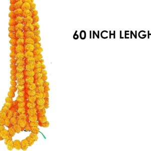 SATVIK 6 PC (5feet/60 inch) Artificial Marigold Flowers Garland for Puja Indian/American Indoor/Outdoor Party Decoration for Diwali, Christmas, Wedding, Halloween, Mantle, Spring Bush Faux Orange