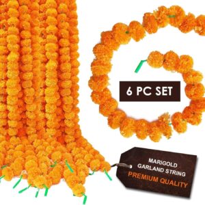 SATVIK 6 PC (5feet/60 inch) Artificial Marigold Flowers Garland for Puja Indian/American Indoor/Outdoor Party Decoration for Diwali, Christmas, Wedding, Halloween, Mantle, Spring Bush Faux Orange