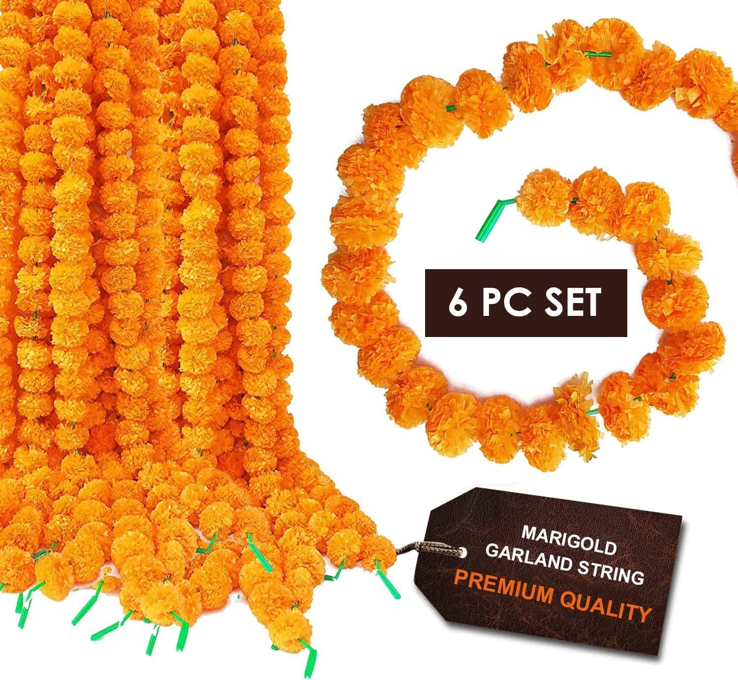 SATVIK 6 PC (5feet/60 inch) Artificial Marigold Flowers Garland for Puja Indian/American Indoor/Outdoor Party Decoration for Diwali, Christmas, Wedding, Halloween, Mantle, Spring Bush Faux Orange