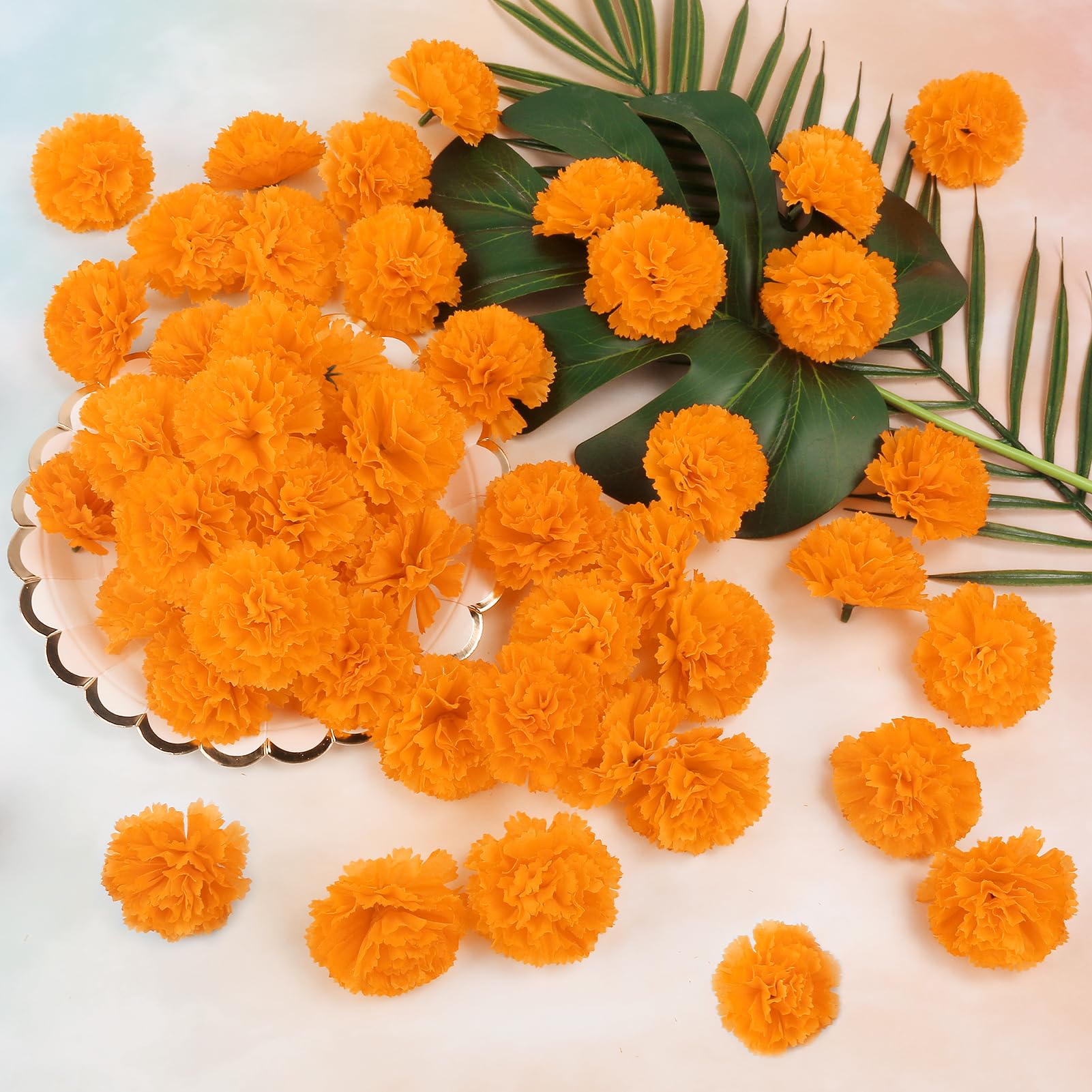 30 pcs Artificial Marigold Flowers,3.54" Silk Marigold Flower Heads,Orange Flowers Artificial for Decoration,Marigold Heads for Parties,Indian Wedding,Indian Theme,Diwali Home Decor DIY Wreath Garland